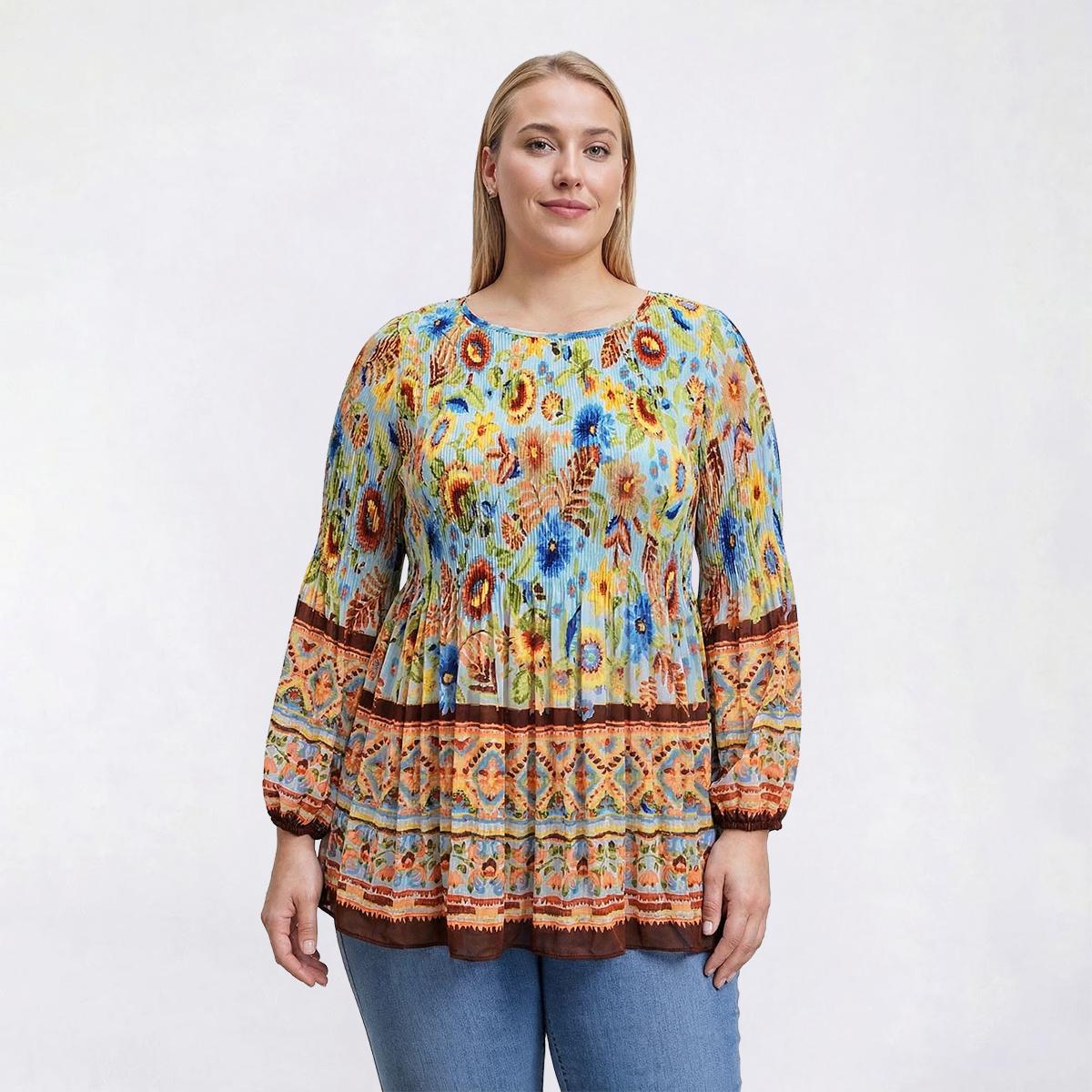 Click here for Plus Size Floral & Ivy Round Neck Floral Pleater B... prices